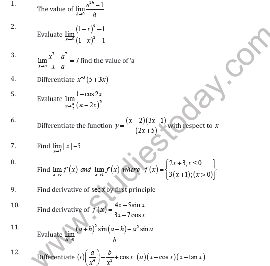 CBSE Class 11 Limits and Derivative Worksheet E CBSE Class 11 Limits and Derivative Worksheet E